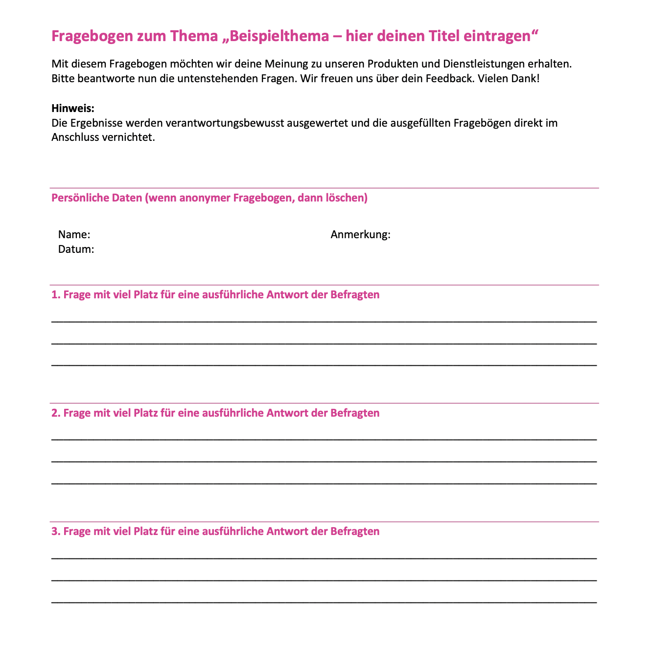 Muster, Vorlagen für Fragebogen & Umfragen